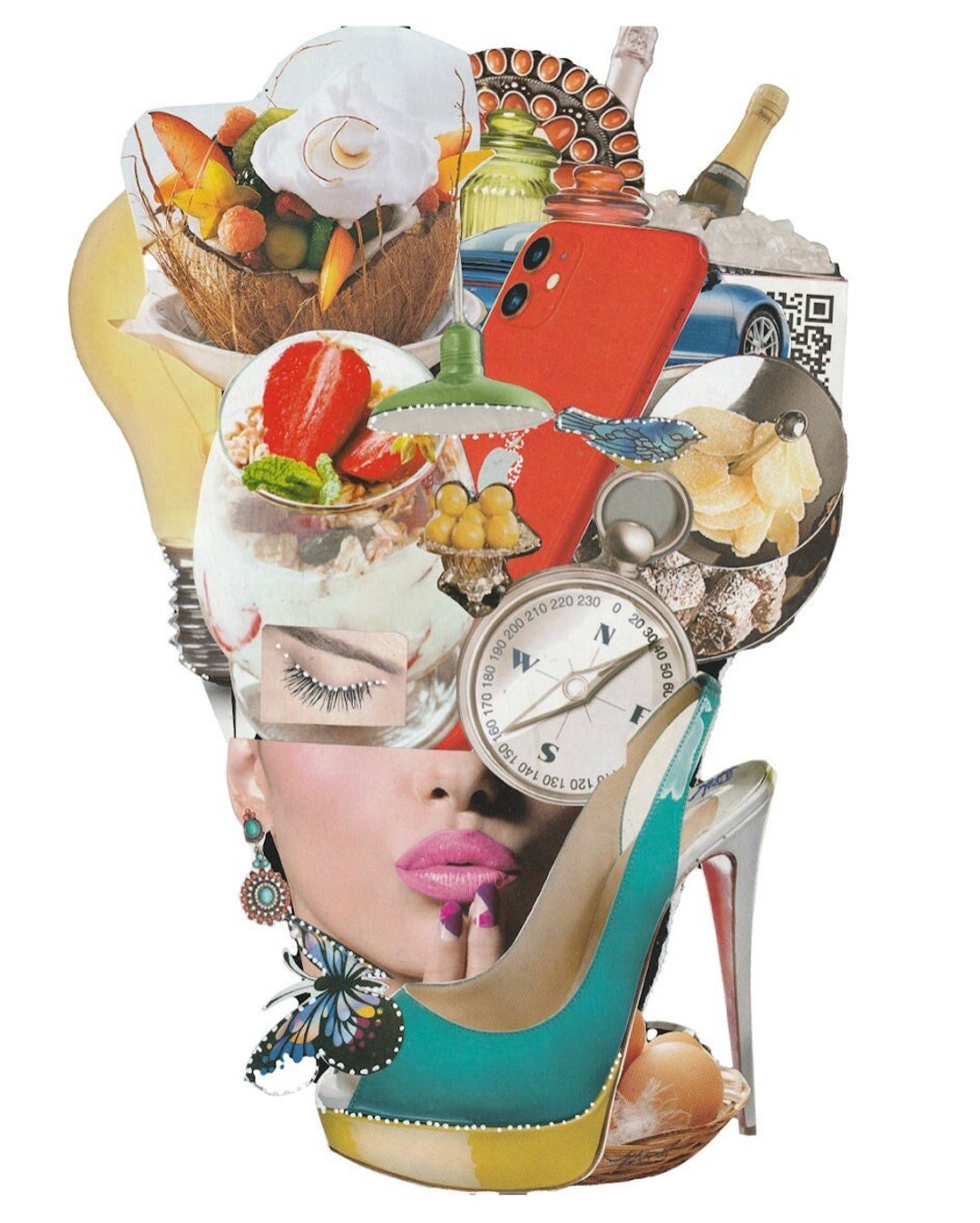 Custom Trendy Woman Shoe and Compass Composition Collage Digital Print ...
