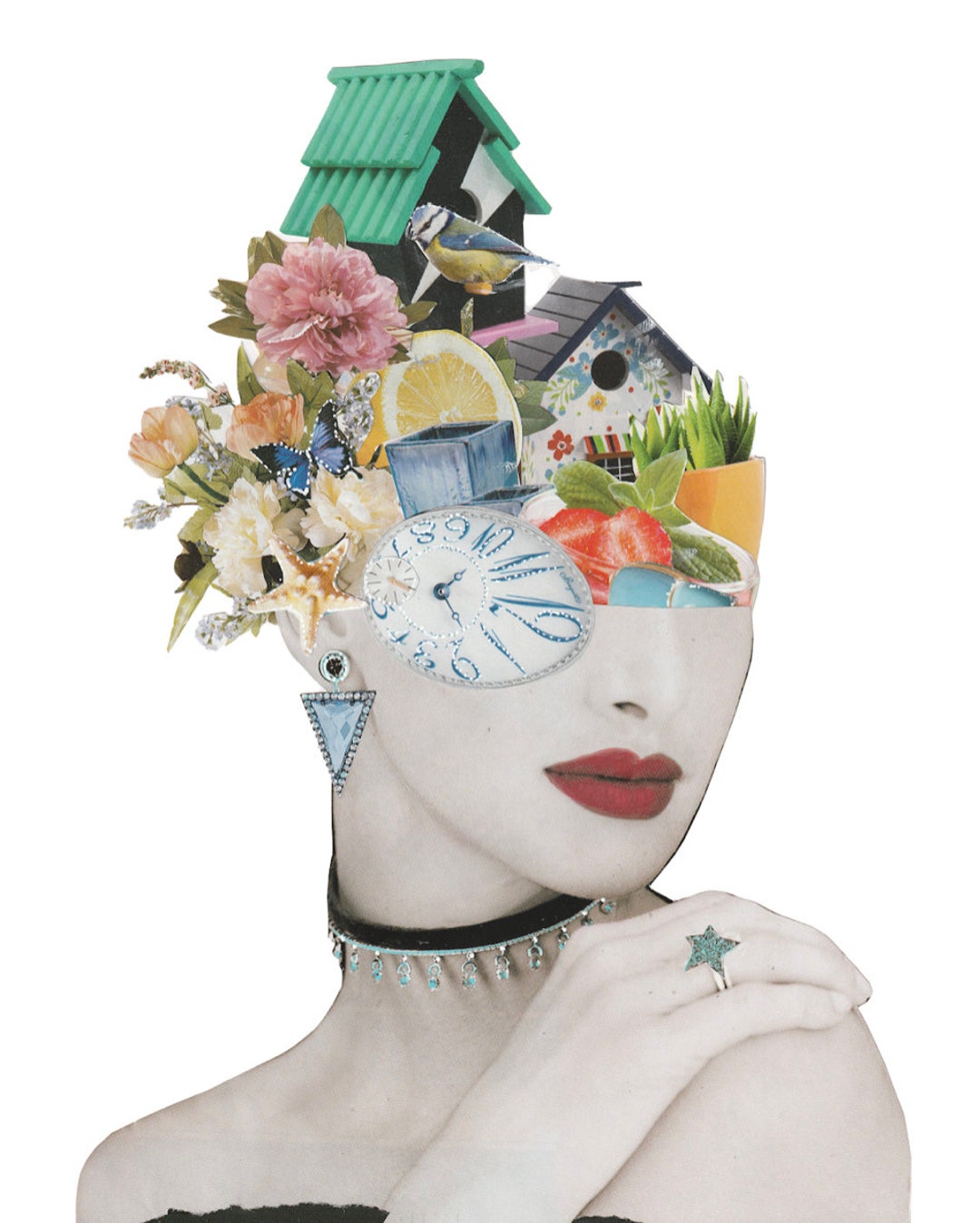 Trendy and Whimsical Woman Side Profile Collage W/ Red Lips and Florals ...