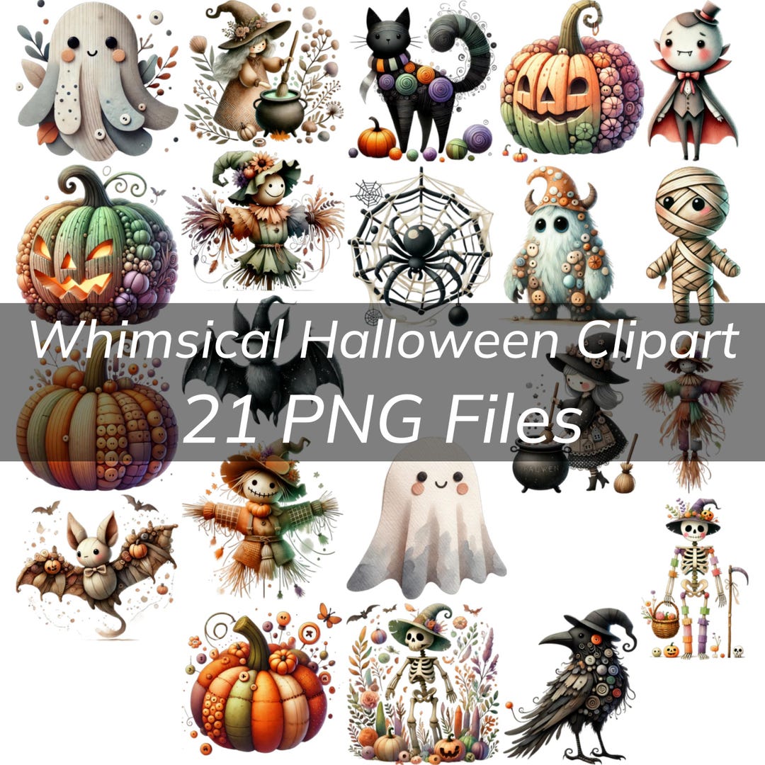 Whimsical Halloween Clipart Bundle - Cute Adorable PNG Files for Crafts ...