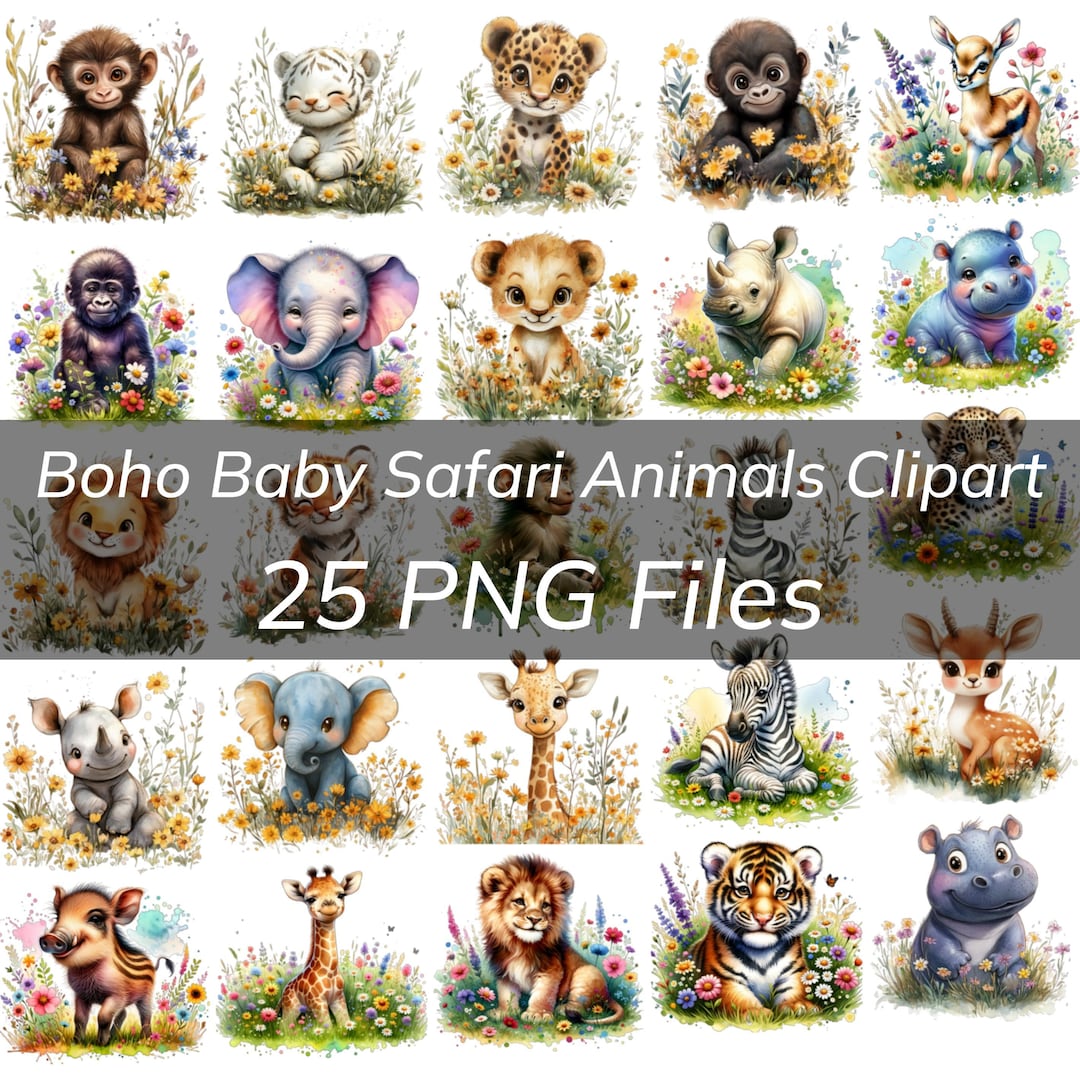 Safari Animals Clipart: Boho Watercolor PNG Bundle (digital Print) - Etsy