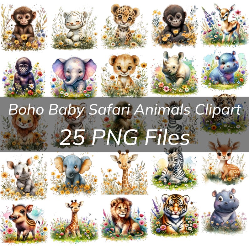 Safari Animals Clipart Bundle Boho Flower Watercolor Baby Animal Pngs ...