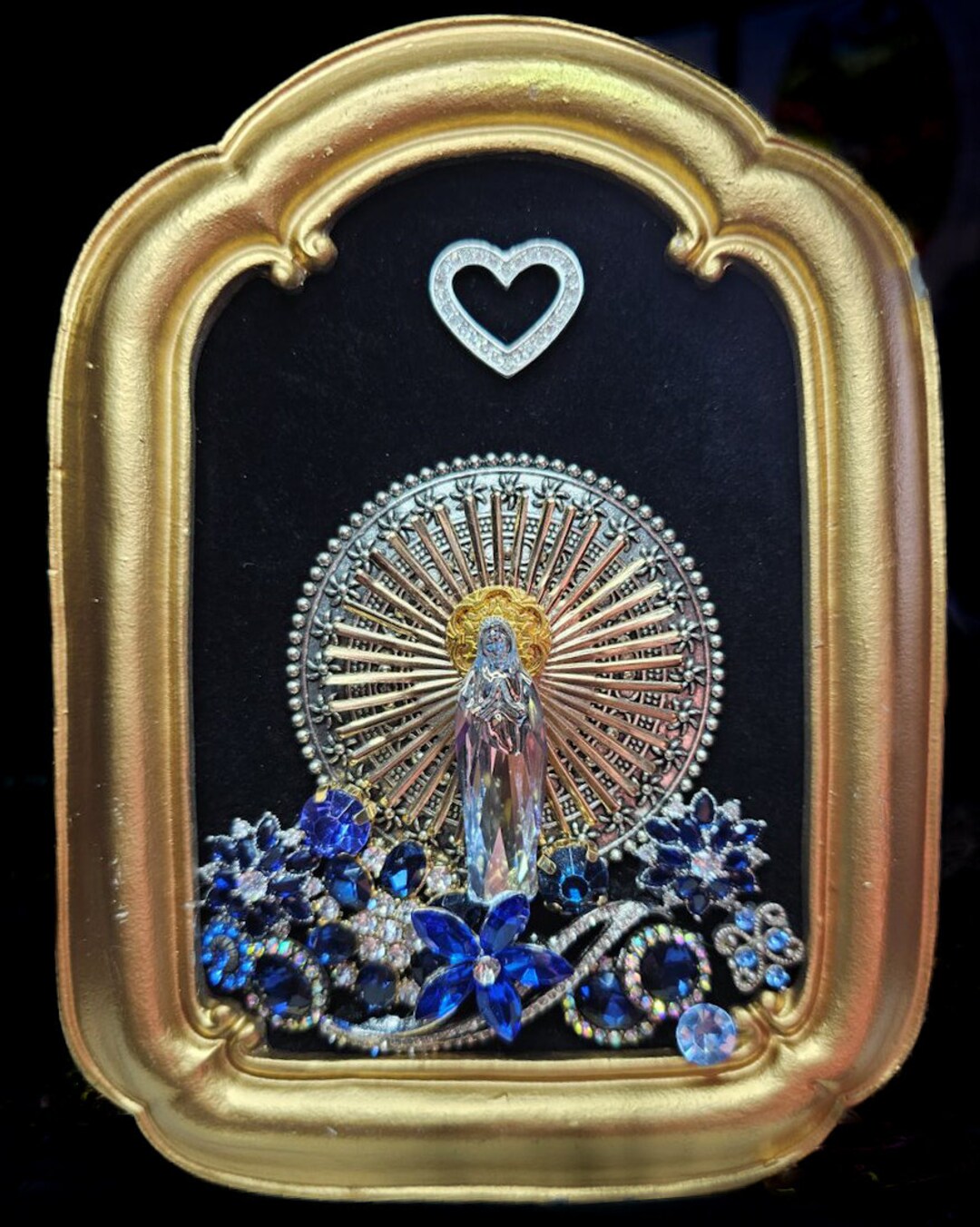 Virgin Mary Crystal Blue Gold Shrine Grotto Frame Religious Peace ...
