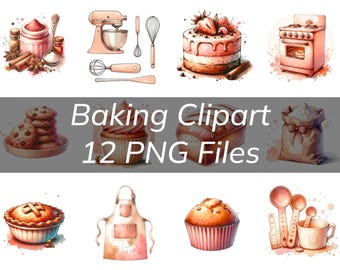 Watercolor Baking Clipart PNG Bundle Set, Baking Supplies, Home Bakery ...