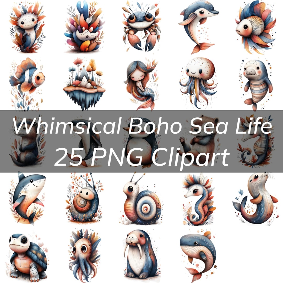 Whimsical Sea Life Clipart: Boho Cartoon PNG Bundle - Etsy