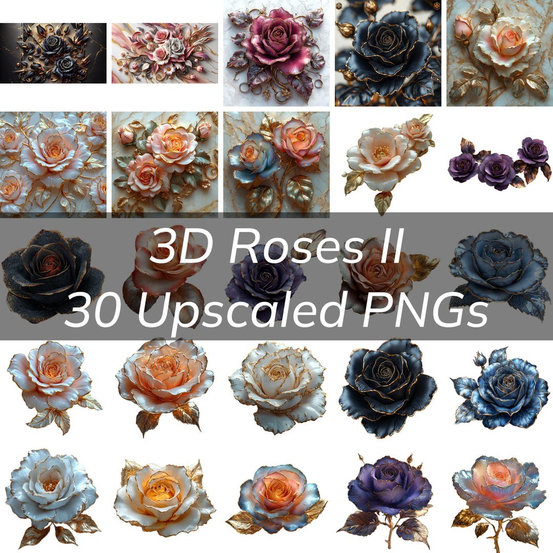 Elegant 3D Roses Clipart: Gold Accent PNG Bundle (digital Download) - Etsy