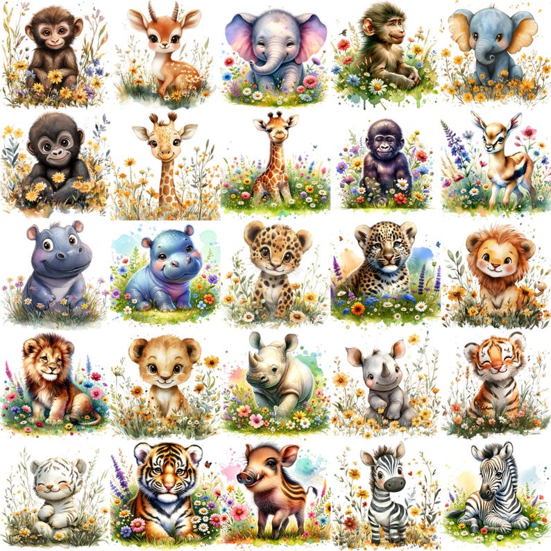 Safari Animals Clipart Bundle Boho Flower Watercolor Baby Animal Pngs ...