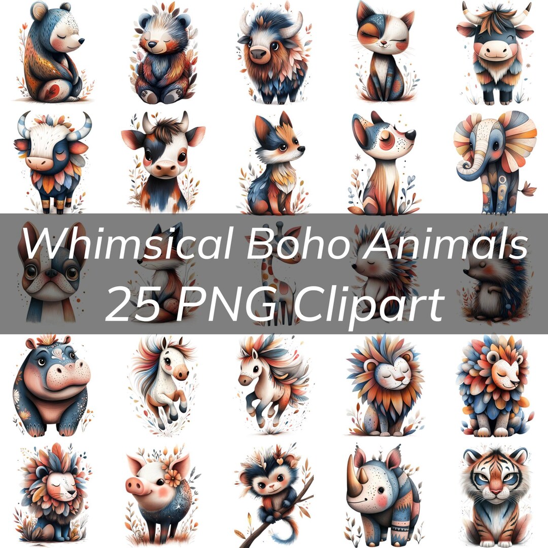 Whimsical Boho Animal Clipart: Floral Illustrations (PNG Bundle) - Etsy
