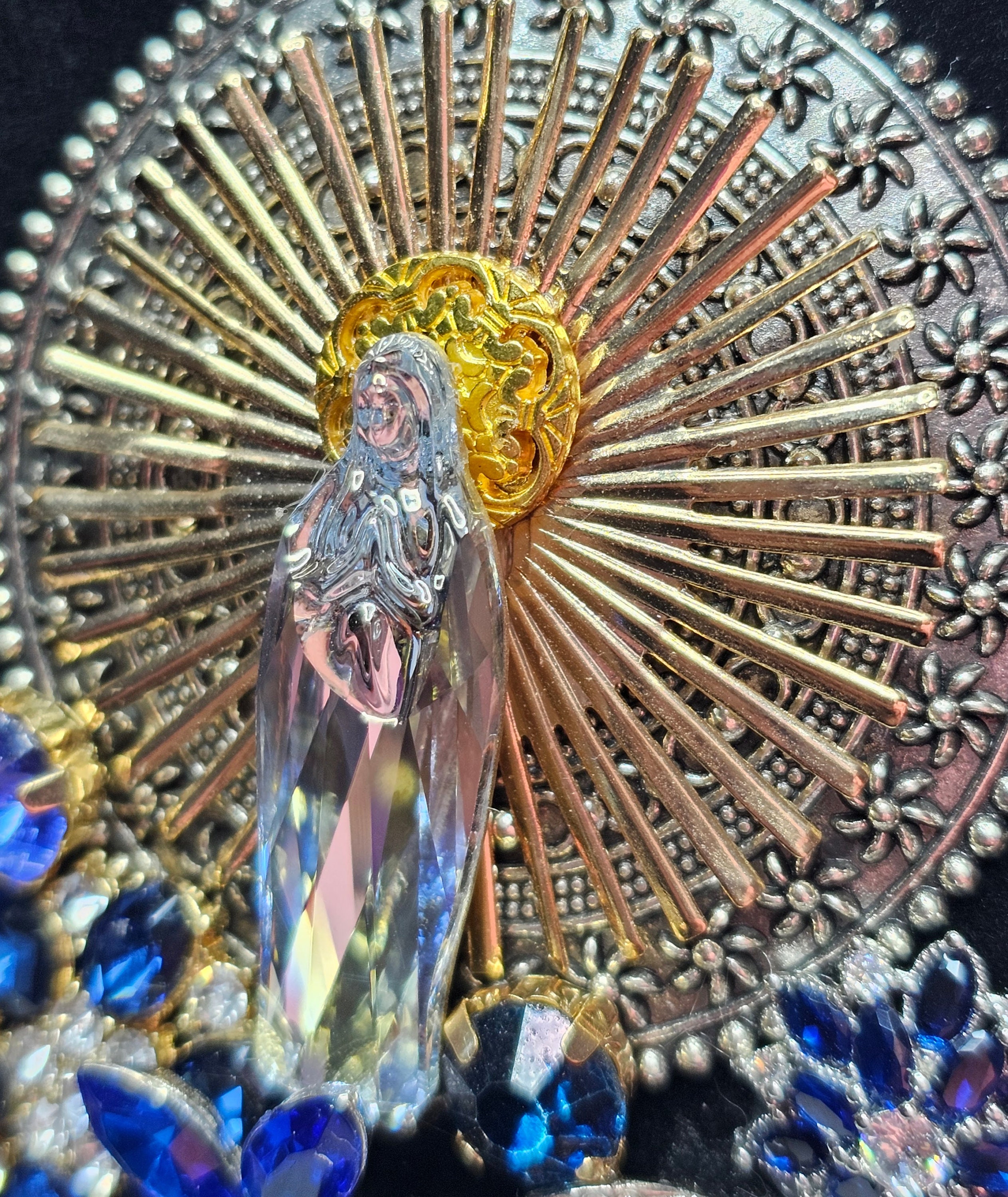 Virgin Mary Crystal Blue Gold Shrine Grotto Frame Religious Peace ...