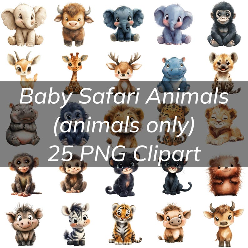 Baby Safari Animals Clipart Bundle Boho Watercolor Pngs of Only Animal ...
