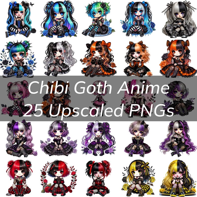 Whimsical Chibi Goth Anime Clipart Bundle - Vibrant Characters With ...