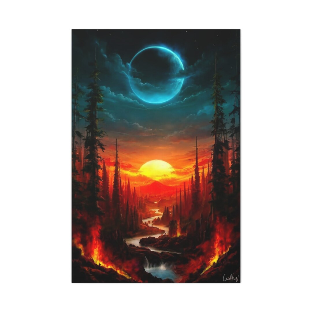 Painting of Sun Setting Over Forest on Fire With Peaceful Moon - Etsy