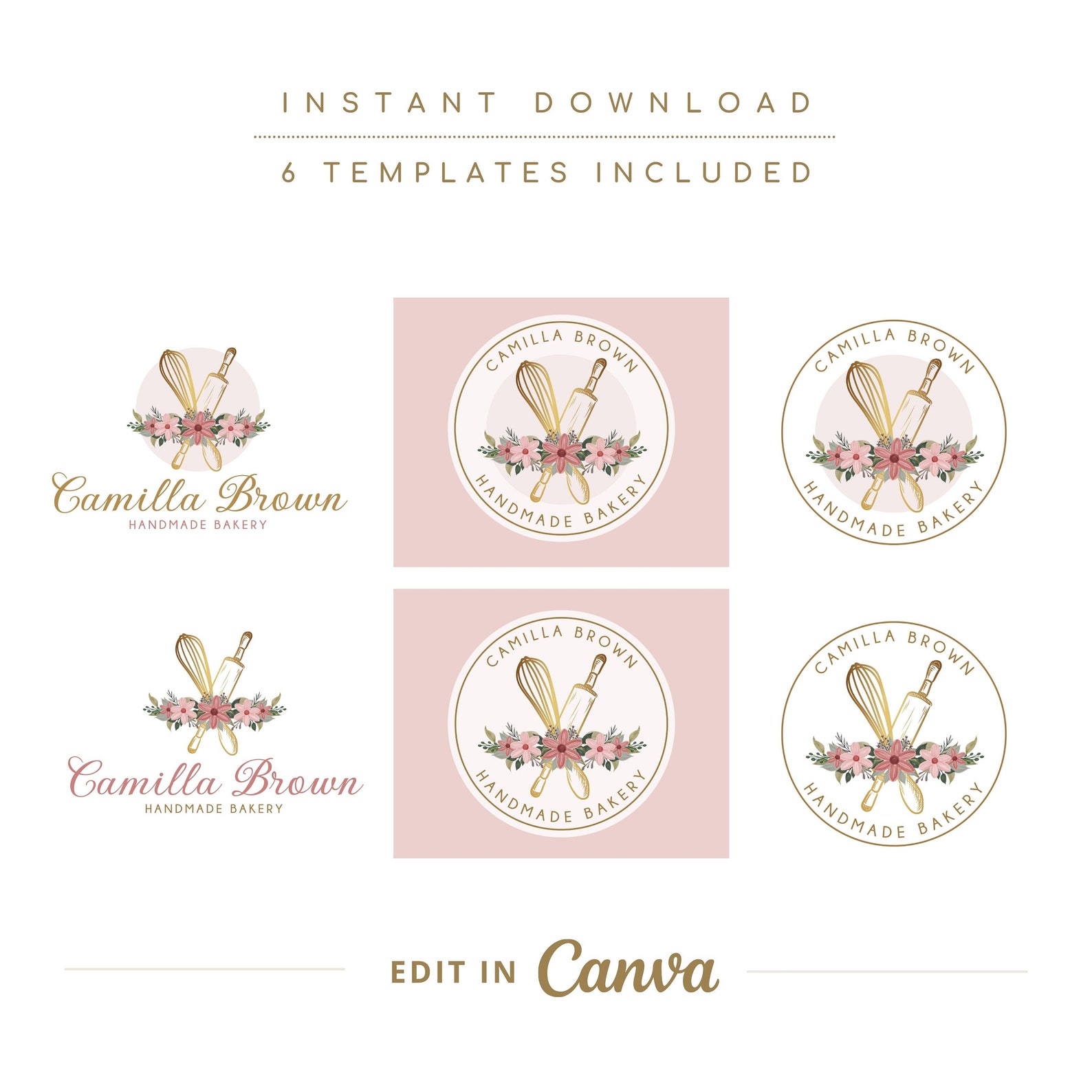 Bakery Logo Canva Template Design, Watercolor Floral Bakery Editable ...