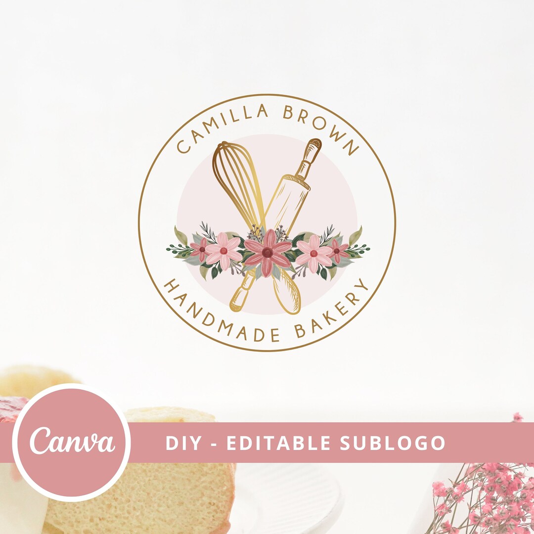 Bakery Logo Canva Template Design, Watercolor Floral Bakery Editable ...