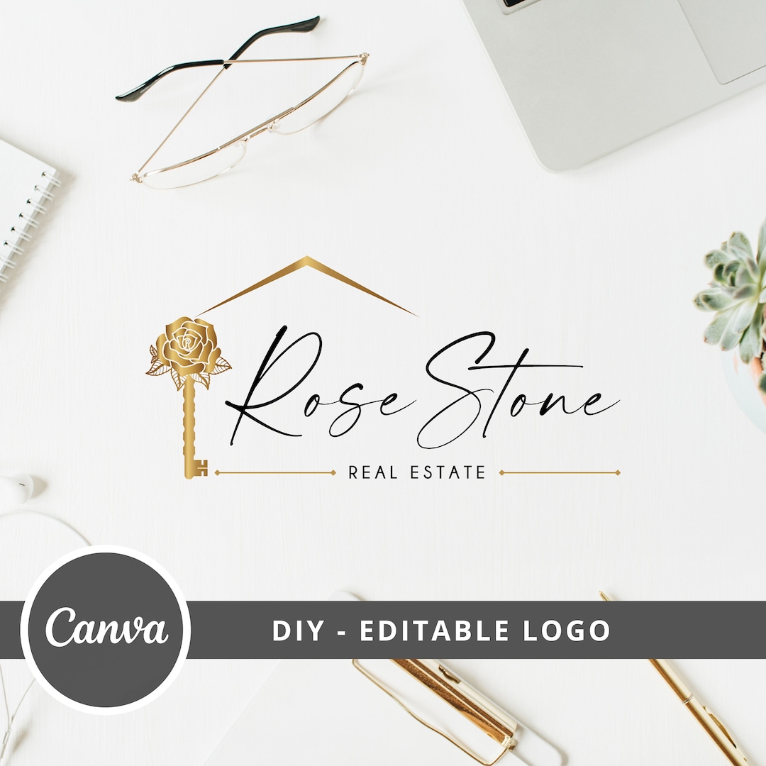 Real Estate Rose Flower Key Logo, House Editable Canva Logo Template ...