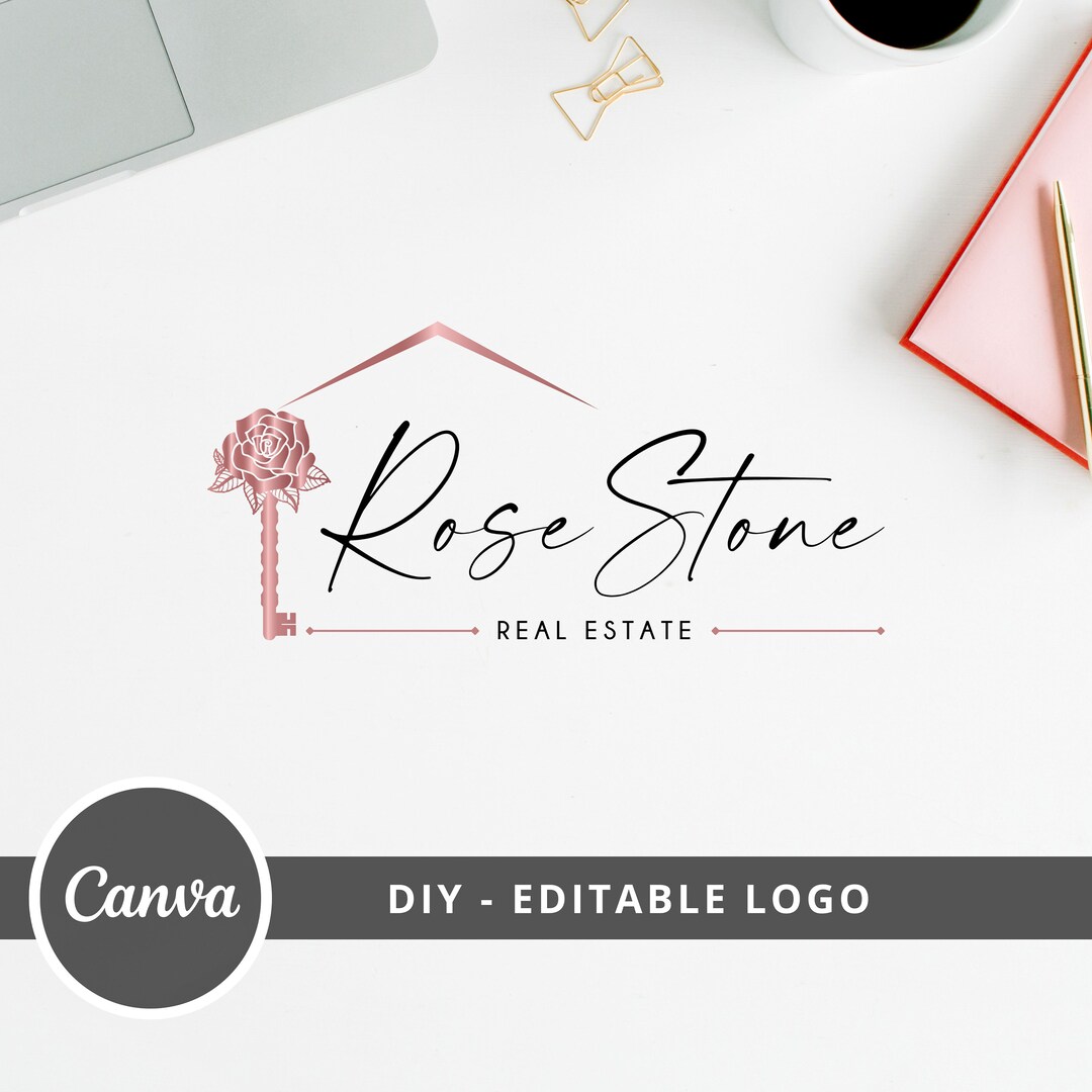 Real Estate Rose Flower Key Logo, House Editable Canva Logo Template ...