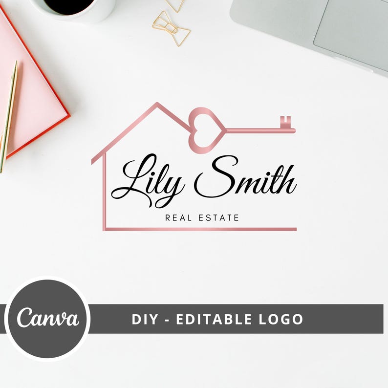 Real Estate Heart Key Logo Design, House Editable Canva Logo Template ...