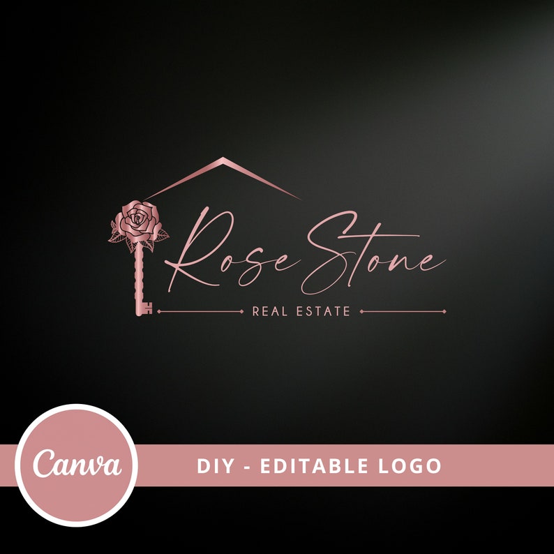 Real Estate Rose Flower Key Logo, House Editable Canva Logo Template ...