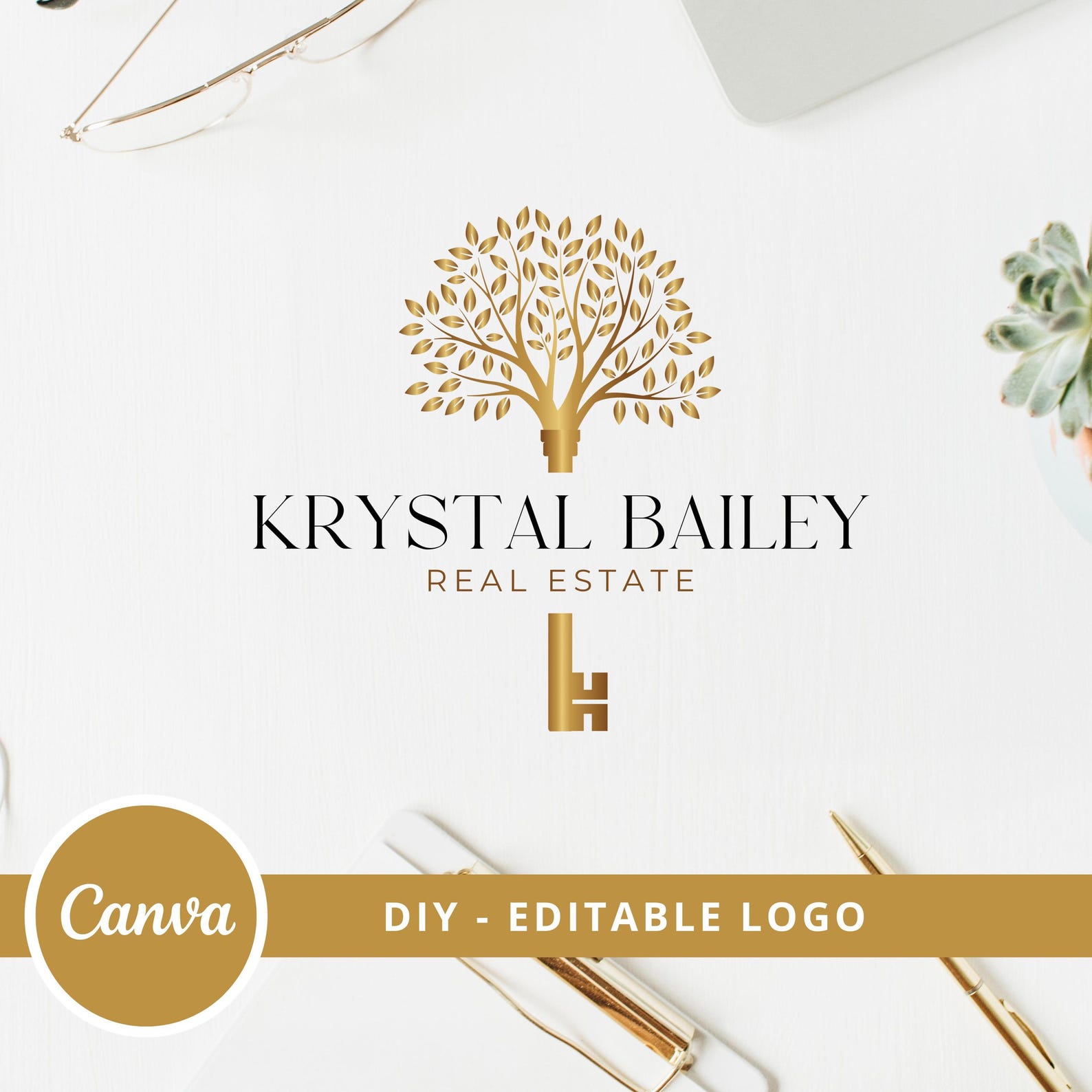 Realtor Gold Tree Key Logo, DIY Editable Design (canva Template) - Etsy