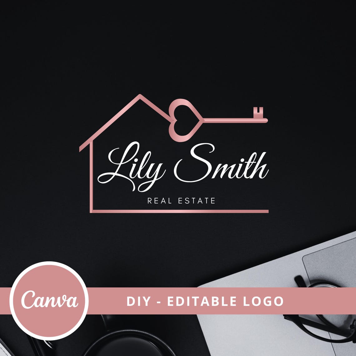 Real Estate Heart Key Logo Design, House Editable Canva Logo Template ...