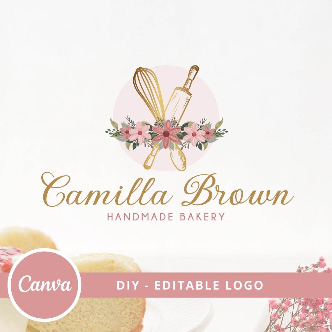 Bakery Logo Canva Template Design, Watercolor Floral Bakery Editable ...