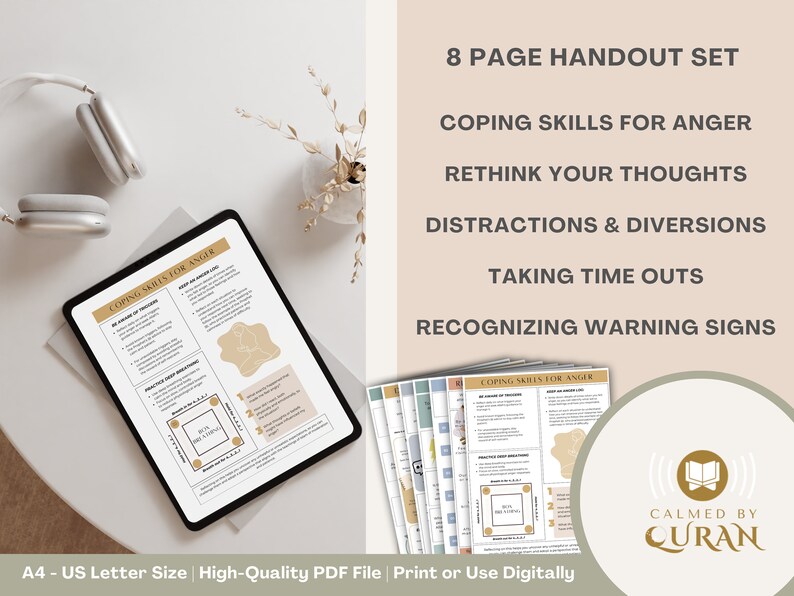 Anger Management Coping Skills Printable Poster Bundle for Muslims Handouts, Set 8pgs Anger ...
