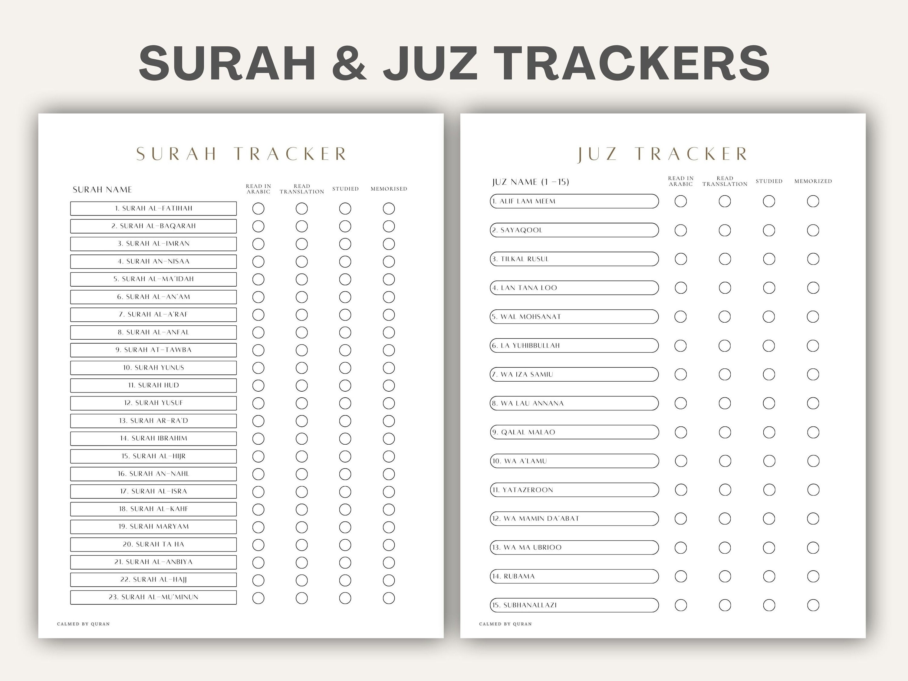 Surah Tracker and Overview, Islamic Printable Bundle, Daily Printable ...