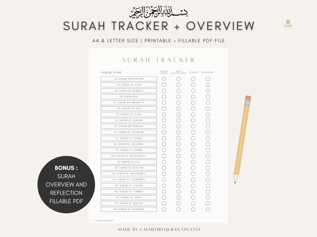 Surah Tracker and Overview, Islamic Printable Bundle, Daily Printable ...