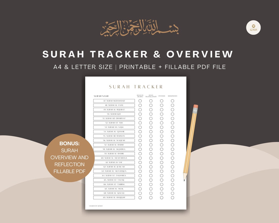 Surah Tracker and Overview, Islamic Printable Bundle, Daily Printable ...