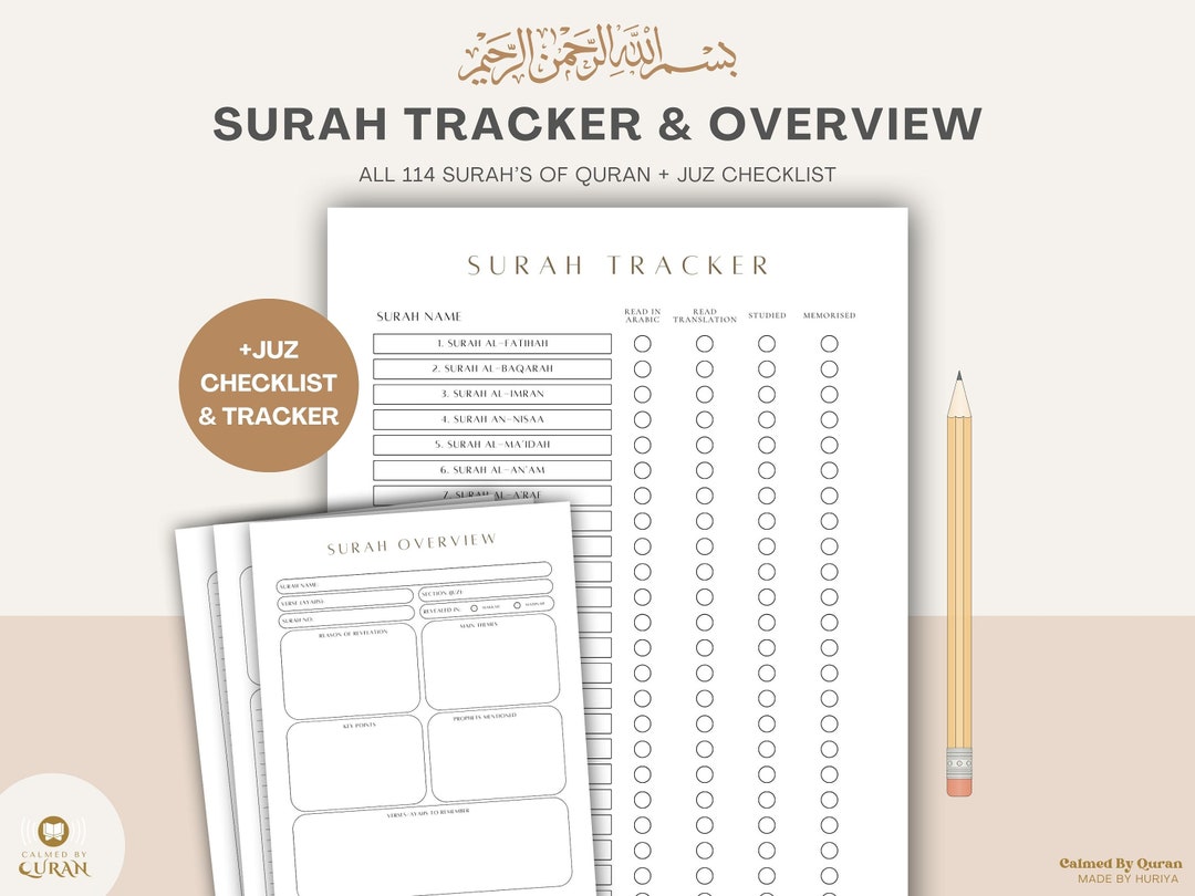 Surah Tracker and Overview, Islamic Printable Bundle, Daily Printable ...