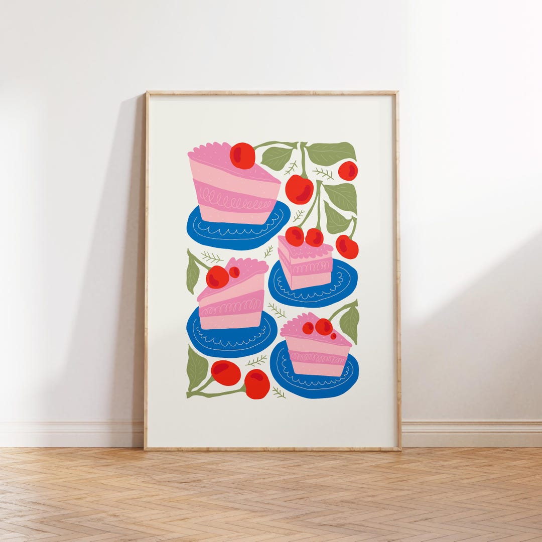 Cake Food Art Poster, Piece of Cake Wall Art Print, Slice Cake Cherry ...