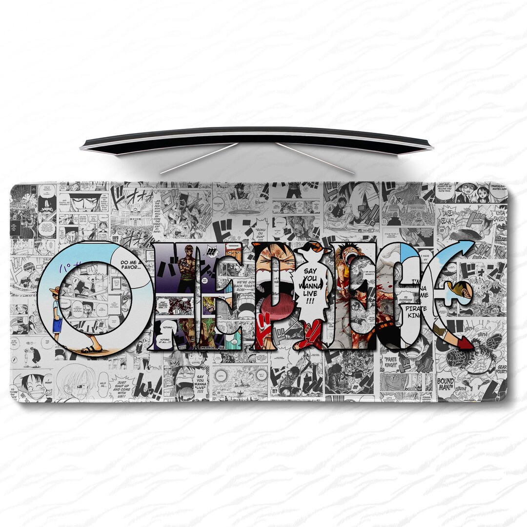 One Piece Collage Desk Mat, BW Background & Colorful 'one Piece' Text ...