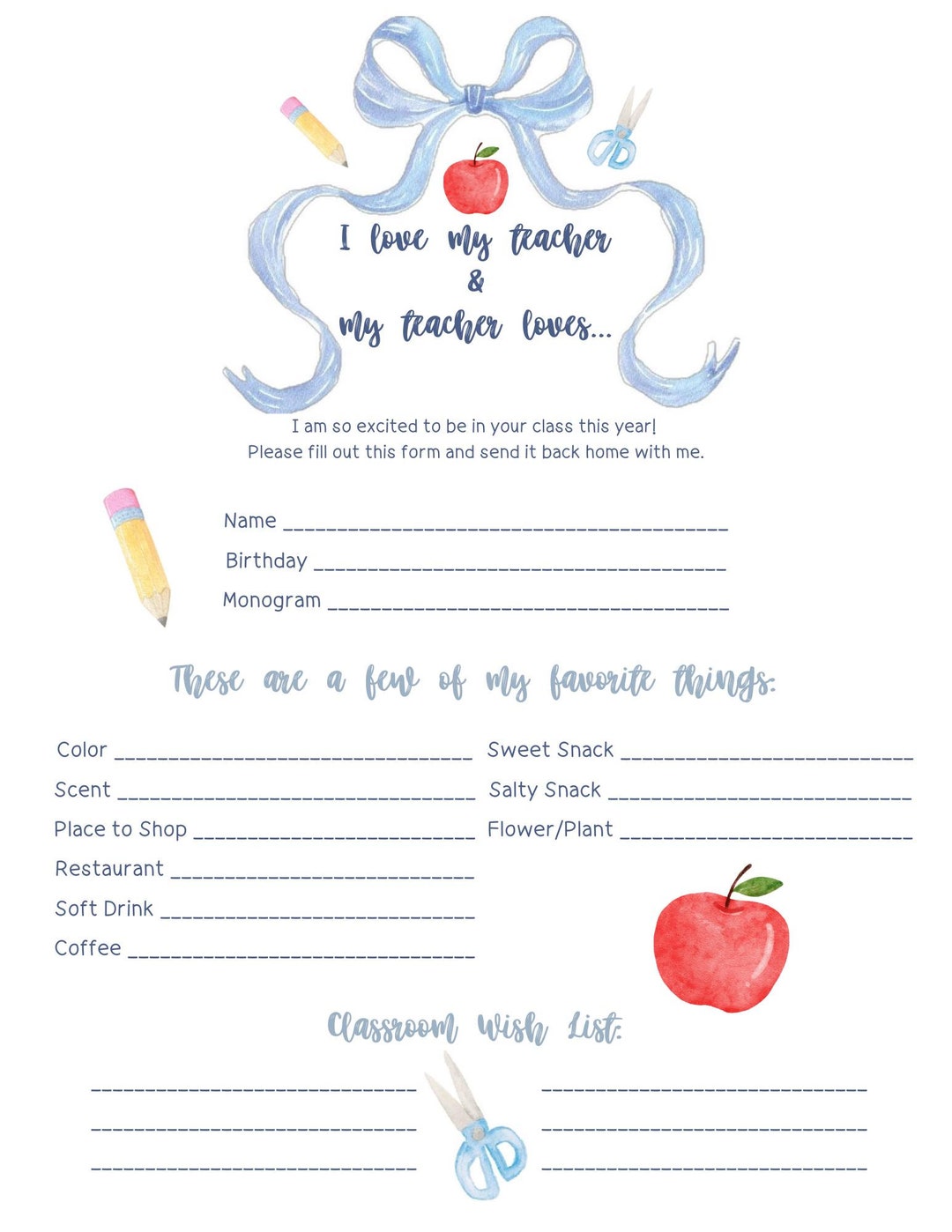 Teacher Favorites List Printable - Etsy
