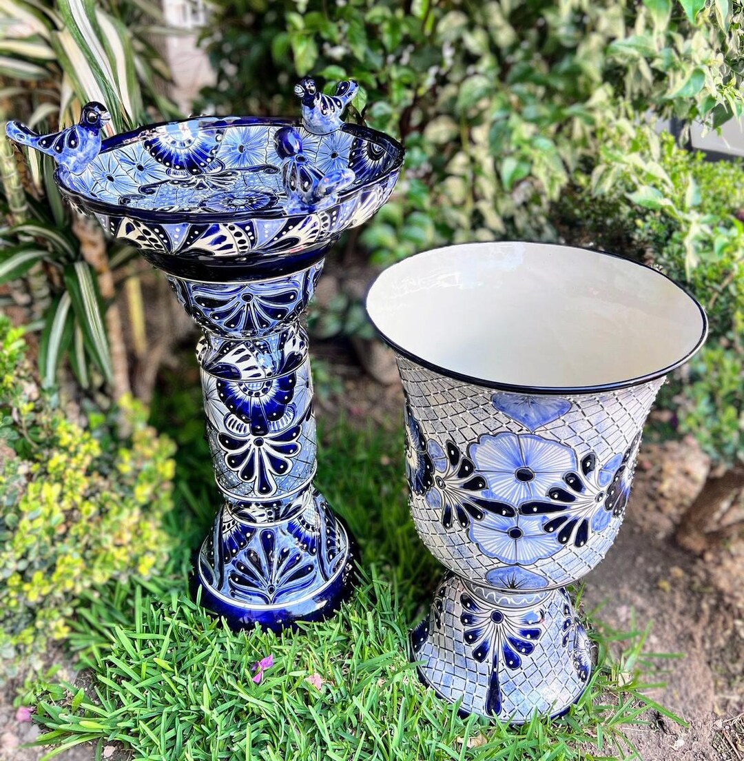 Talavera Bird Bath & Planter Set – Hand-painted Mexican Ceramic Garden ...