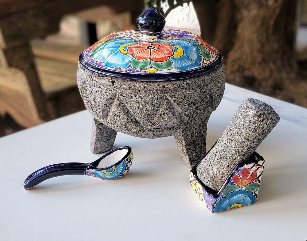 Molcajete With Blue Talavera Lid – Authentic Mexican Mortar With Spoon ...