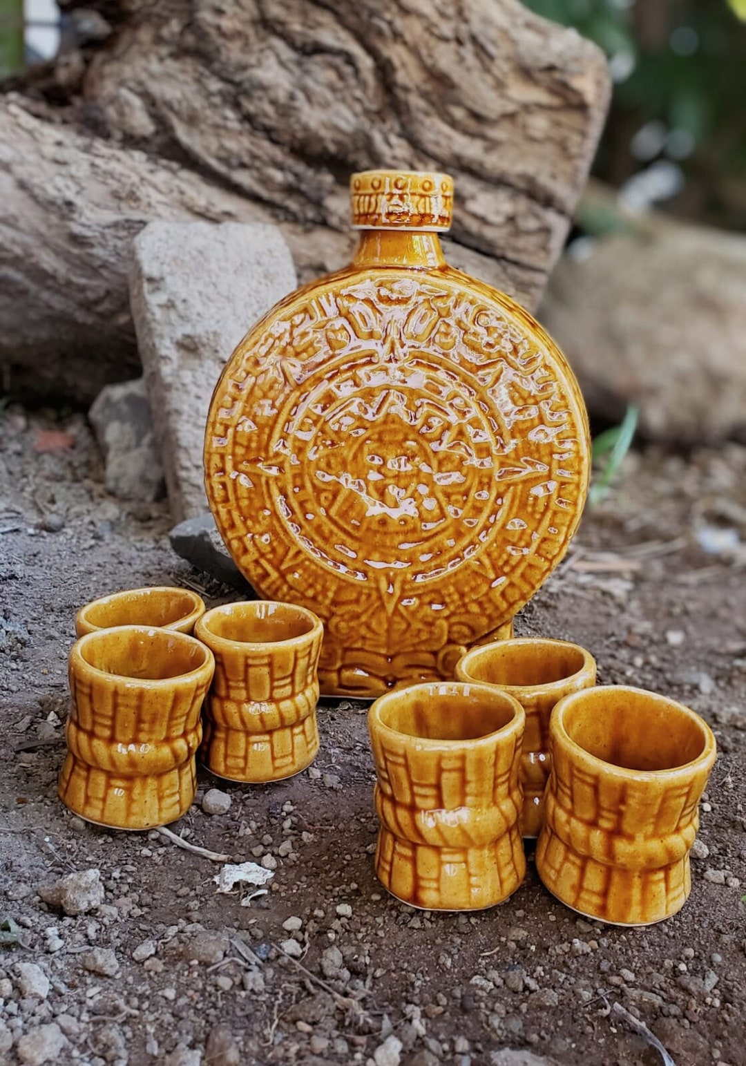 Aztec Calendar Tequila Set Made of Gold Ceramic, Tequila and Mezcal ...