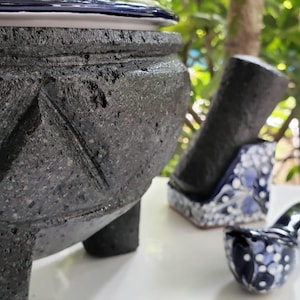 Handcrafted Volcanic Stone Molcajete With Blue Talavera Lid – Authentic ...