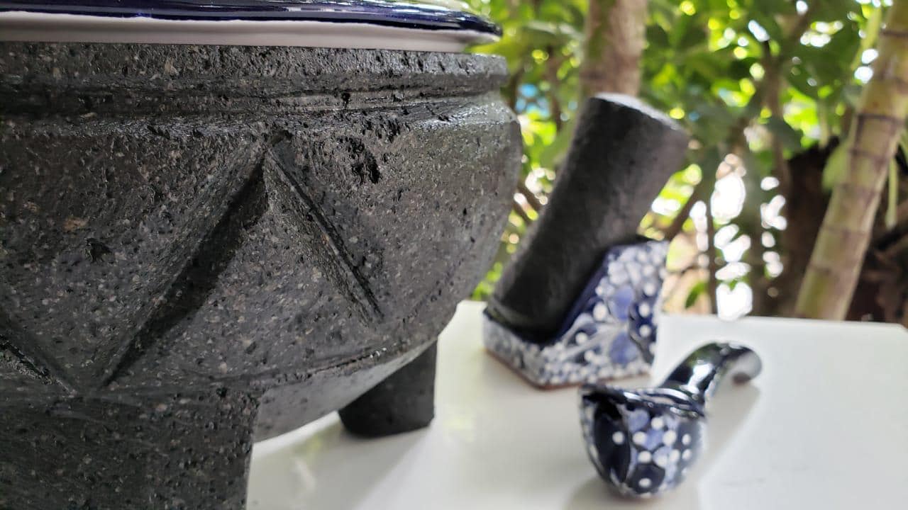 Handcrafted Volcanic Stone Molcajete With Blue Talavera Lid – Authentic ...