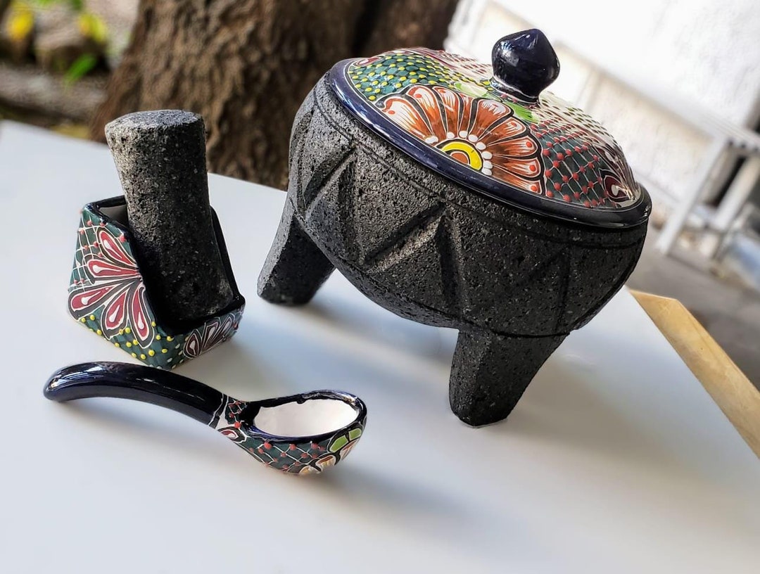 Handcrafted Volcanic Stone Molcajete With Blue Talavera Lid – Authentic ...