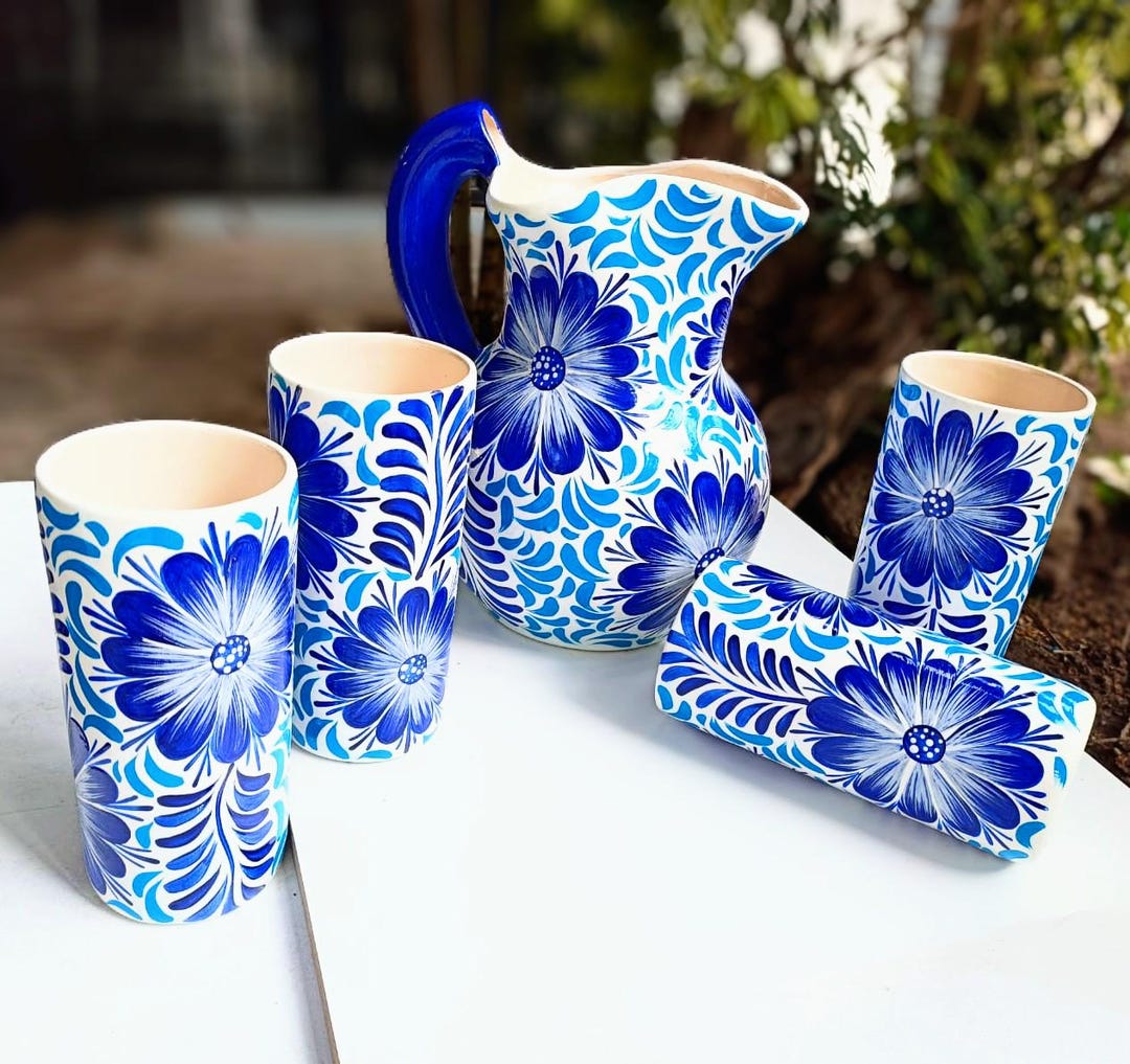 Hand-painted 5L Ceramic Pitcher Set With 4 Blue Floral Highball Glasses ...