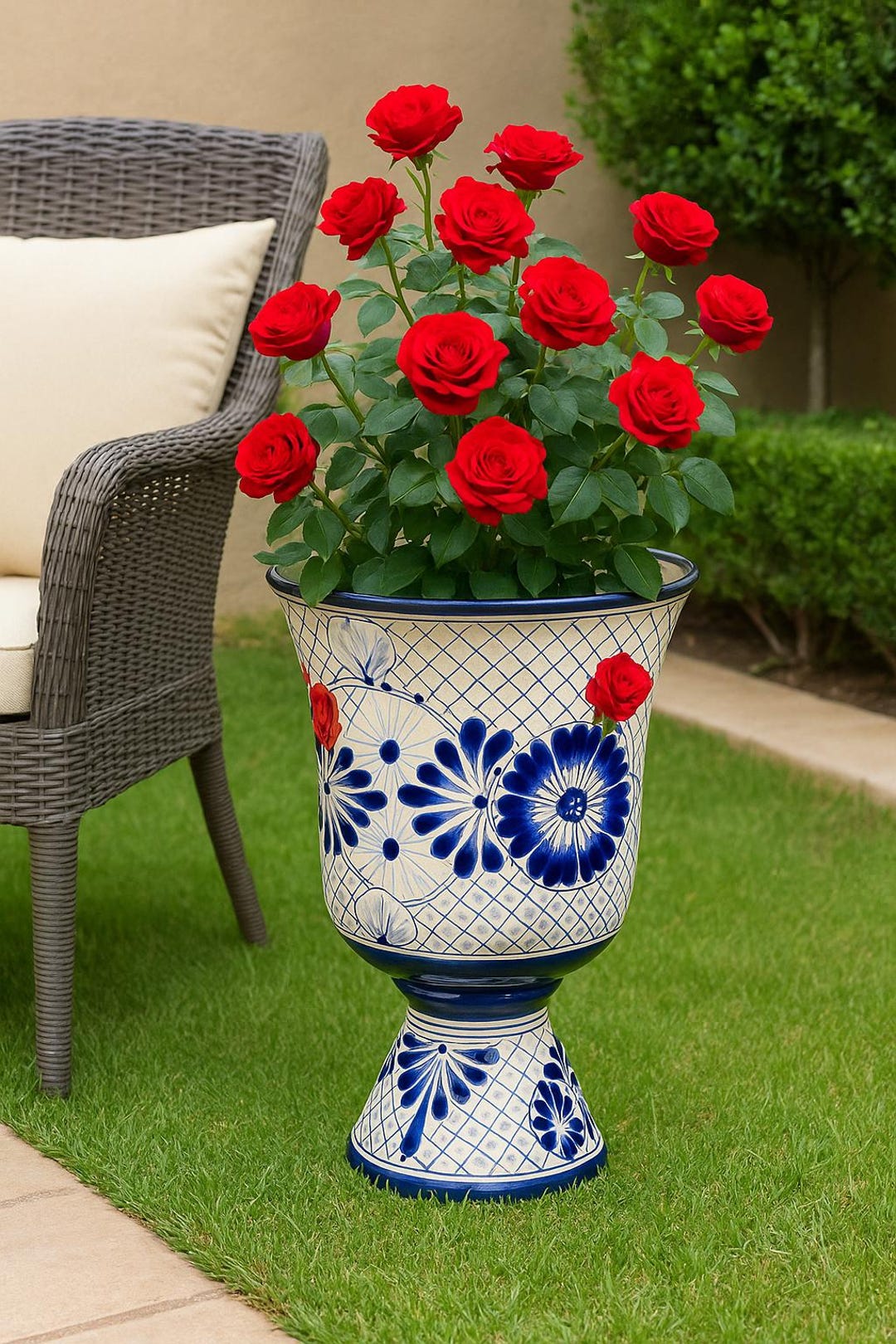 Large Talavera Ceramic Planter With Pedestal – Handmade Blue & White ...