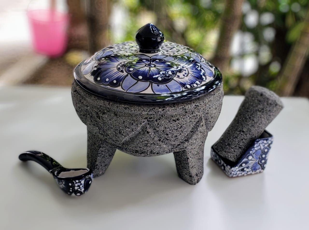 Handcrafted Volcanic Stone Molcajete With Blue Talavera Lid – Authentic ...