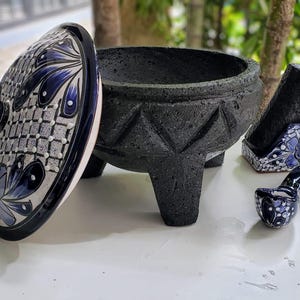 Handcrafted Volcanic Stone Molcajete With Blue Talavera Lid – Authentic ...