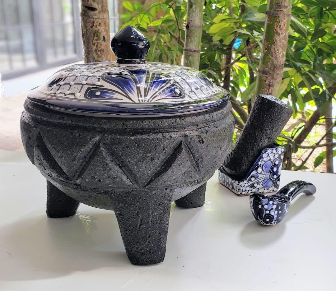 Handcrafted Volcanic Stone Molcajete With Blue Talavera Lid – Authentic ...