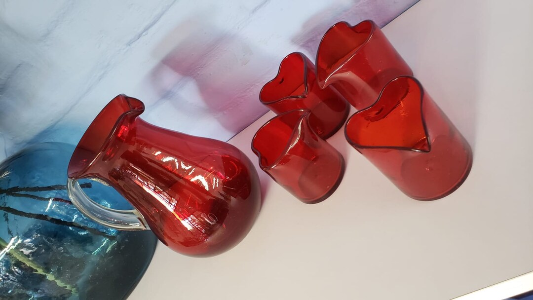 Elegant Deep Red Heart Jug and Glass, Heart Glass - Etsy