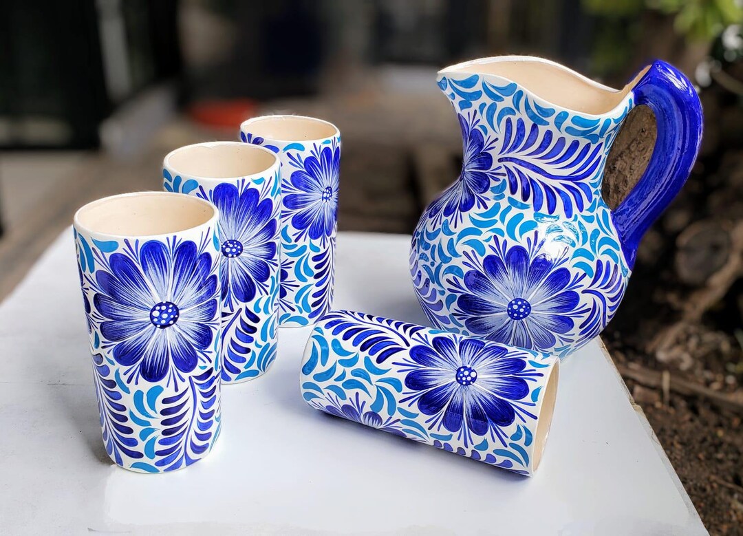 Hand-painted 5L Ceramic Pitcher Set With 4 Blue Floral Highball Glasses ...