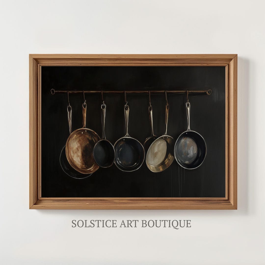 Moody Kitchen Art Print | Vintage Oil Painting | Hanging Pans Still ...