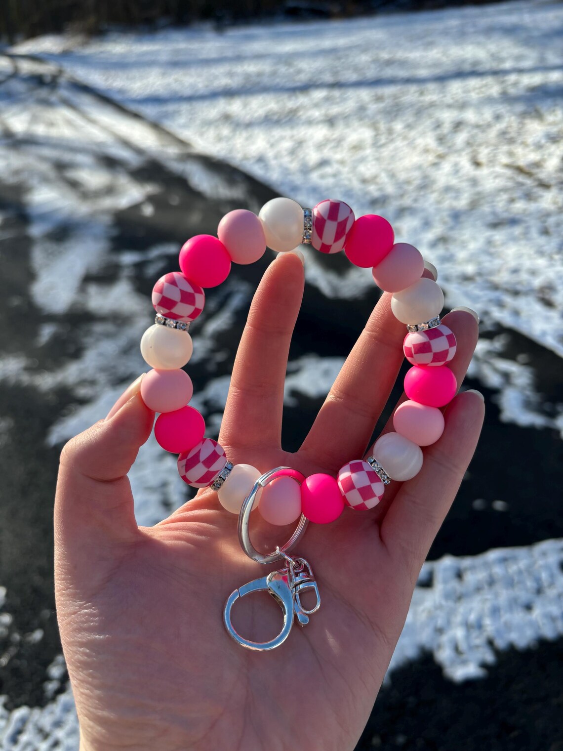 Handmade Hot Pink Checkered Silicone Beaded Wristlet Keychain - Cute ...