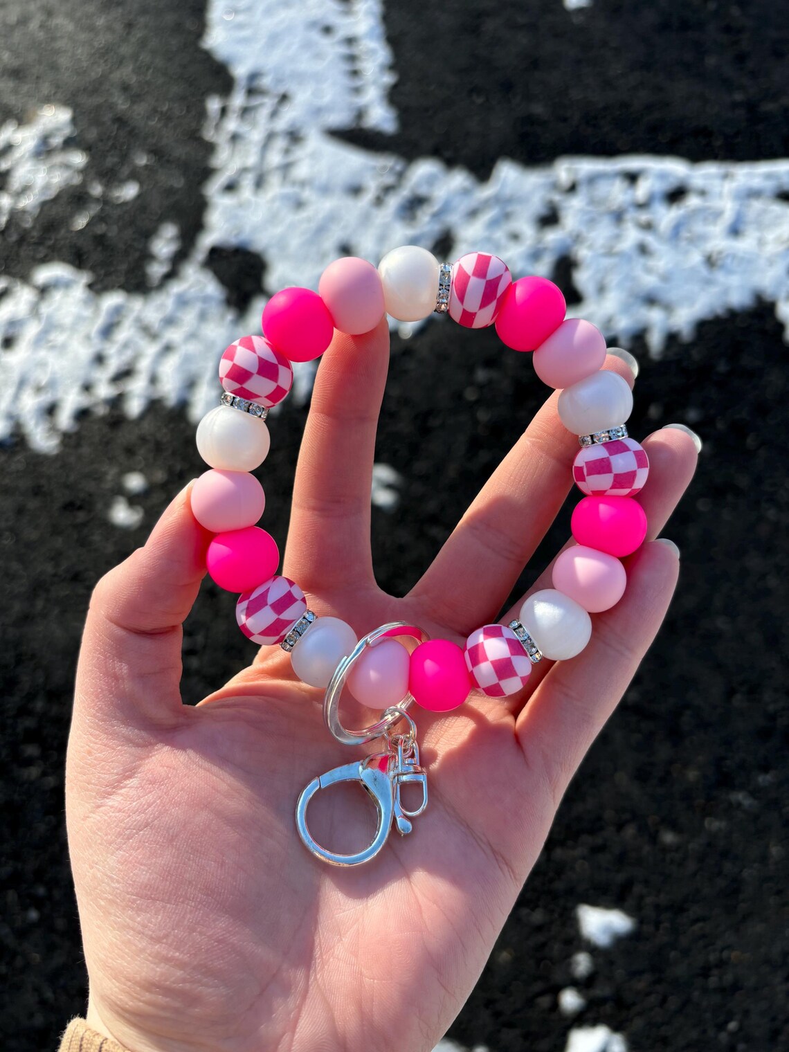 Handmade Hot Pink Checkered Silicone Beaded Wristlet Keychain - Cute ...