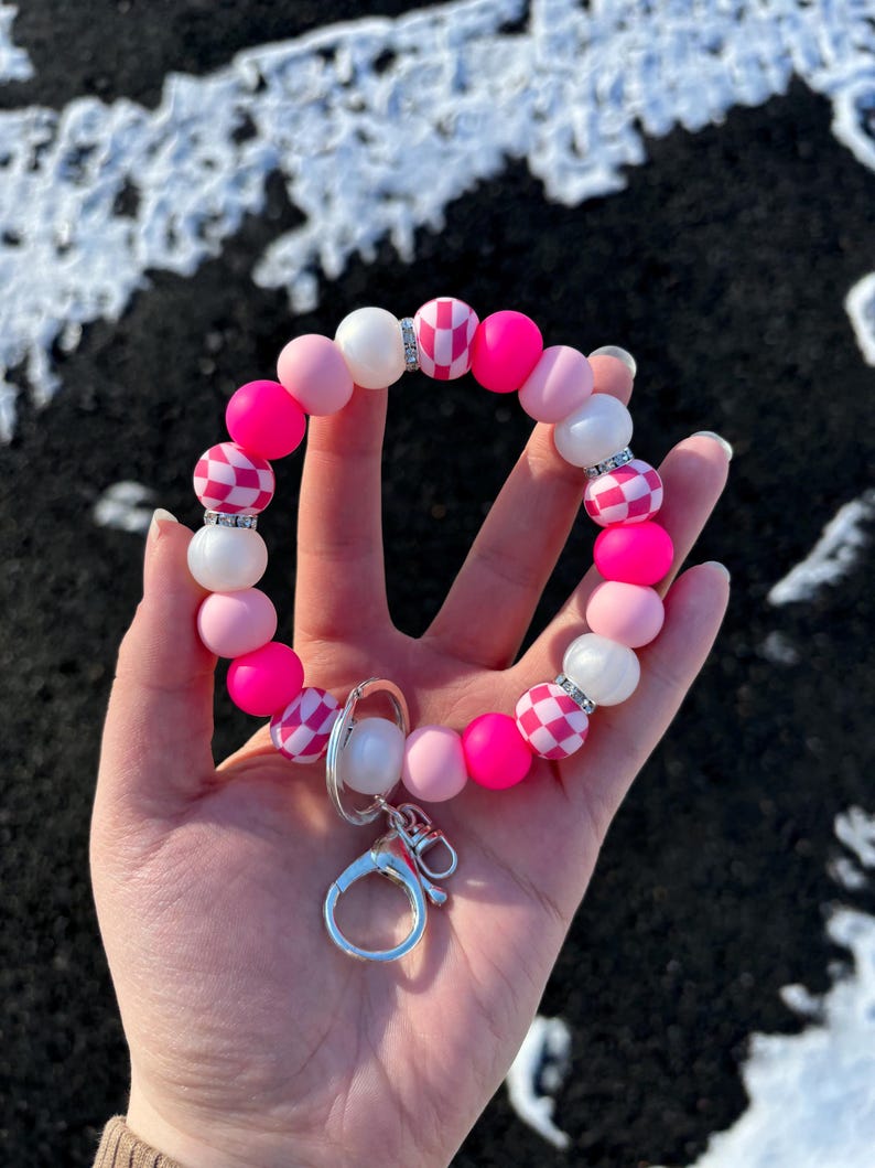 Handmade Hot Pink Checkered Silicone Beaded Wristlet Keychain - Cute ...