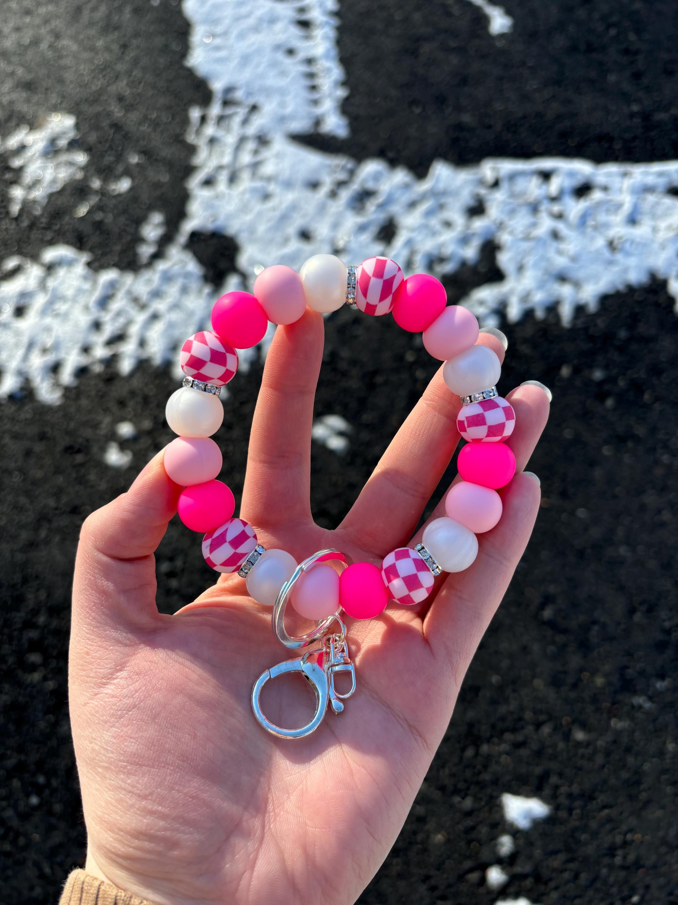 Handmade Hot Pink Checkered Silicone Beaded Wristlet Keychain - Cute ...